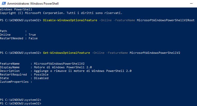 Come disattivare Windows PowerShell 2.0 in Windows 10